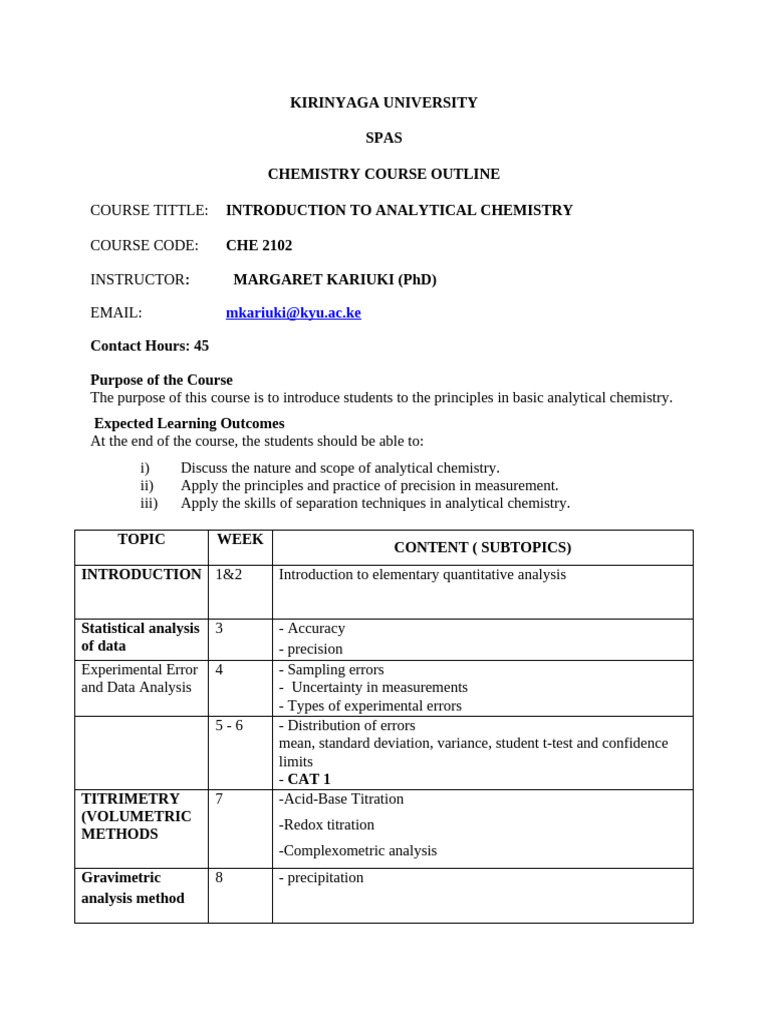 Che 2102 Course Outline | PDF | Analytical Chemistry | Statistics