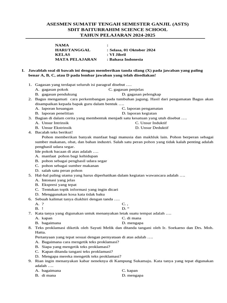 Soal ASTS Ganjil Bahasa Indonesia Kelas 6 | PDF
