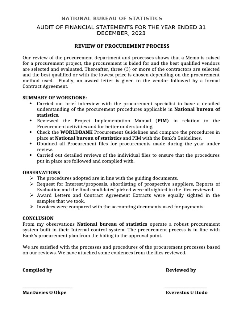 Procurement Review National Bureau of Statistics | PDF