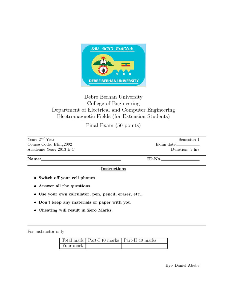 Eeng2092 Electromagnetic Fields Exam Pdf Algebra Linear Algebra