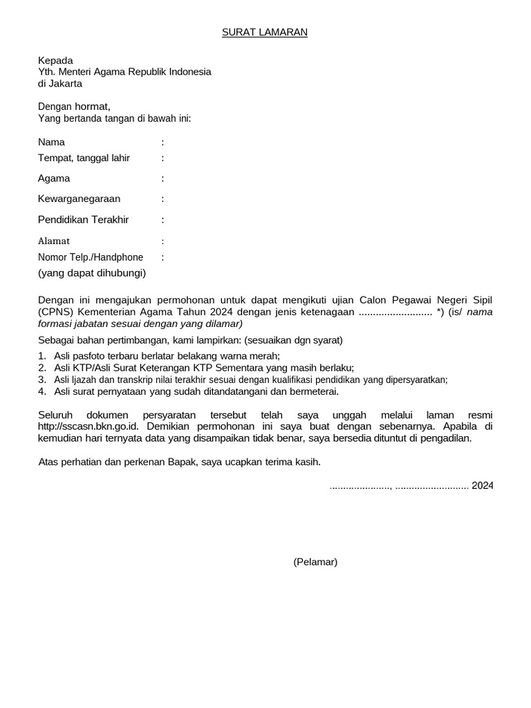 Surat Lamaran CPNS Kementerian Agama 2024 | PDF | Hukum