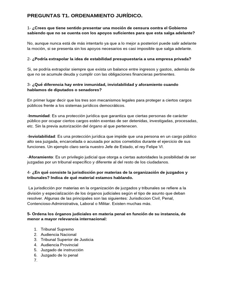 Preguntas T1. Ordenamiento Juridico. | PDF | Jurisdicción | Separación de poderes