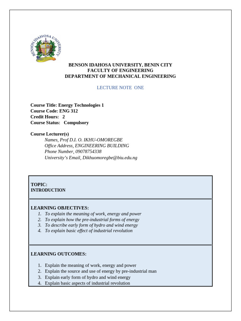 ENG 312 - Lecture Note 1 | PDF | Fires | Watt ENG 312 - Lecture Note 1 | PDF | Fires | Watt