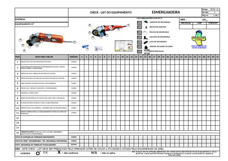 Check-list de Segurança para ESMERILHADEIRA | PDF