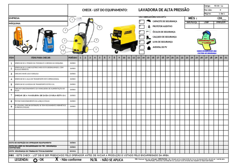 FO 00-14 - Check List LAVADORA ALTA PRESSÃO | PDF