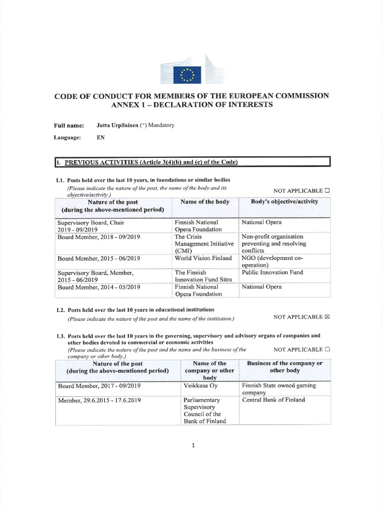 Declaration of Interests Jutta Urpilainen - en | PDF