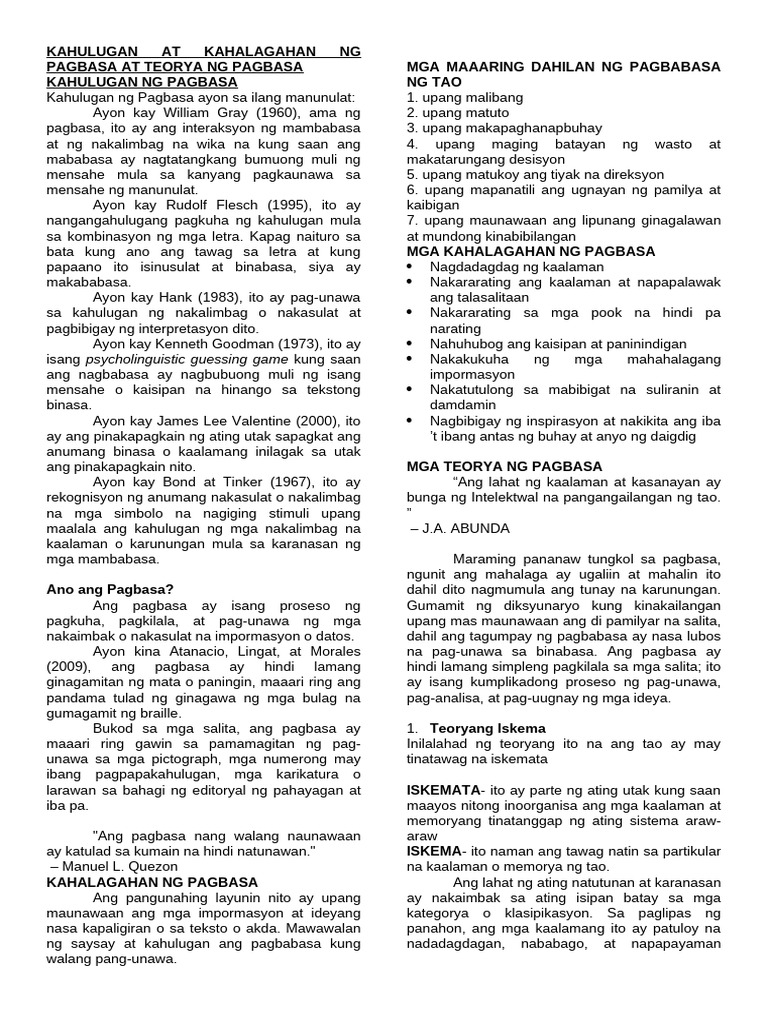Kahulugan at Kahalagahan NG Pagbasa at Teorya NG Pagbasa | PDF