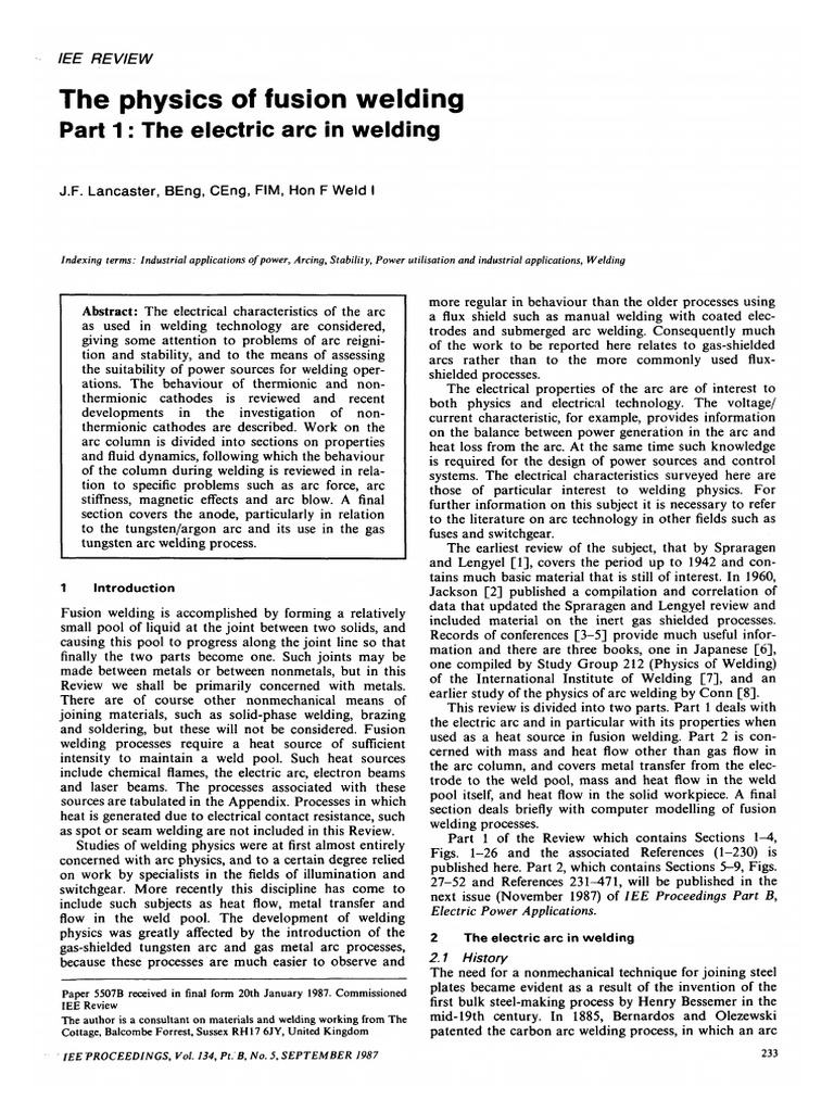 The Physics of Fusion Welding | PDF | Electric Arc | Construction