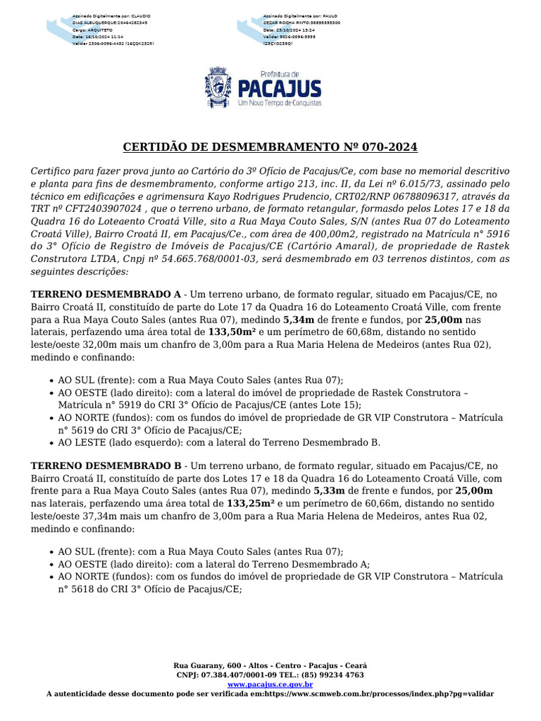 Certidão de Desmembramento #070-2024 Assinada | PDF