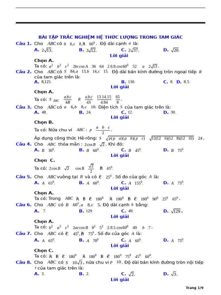 (123doc) - Bai-Tap-Trac-Nghiem-He-Thuc-Luong-Trong-Tam-Giac | PDF