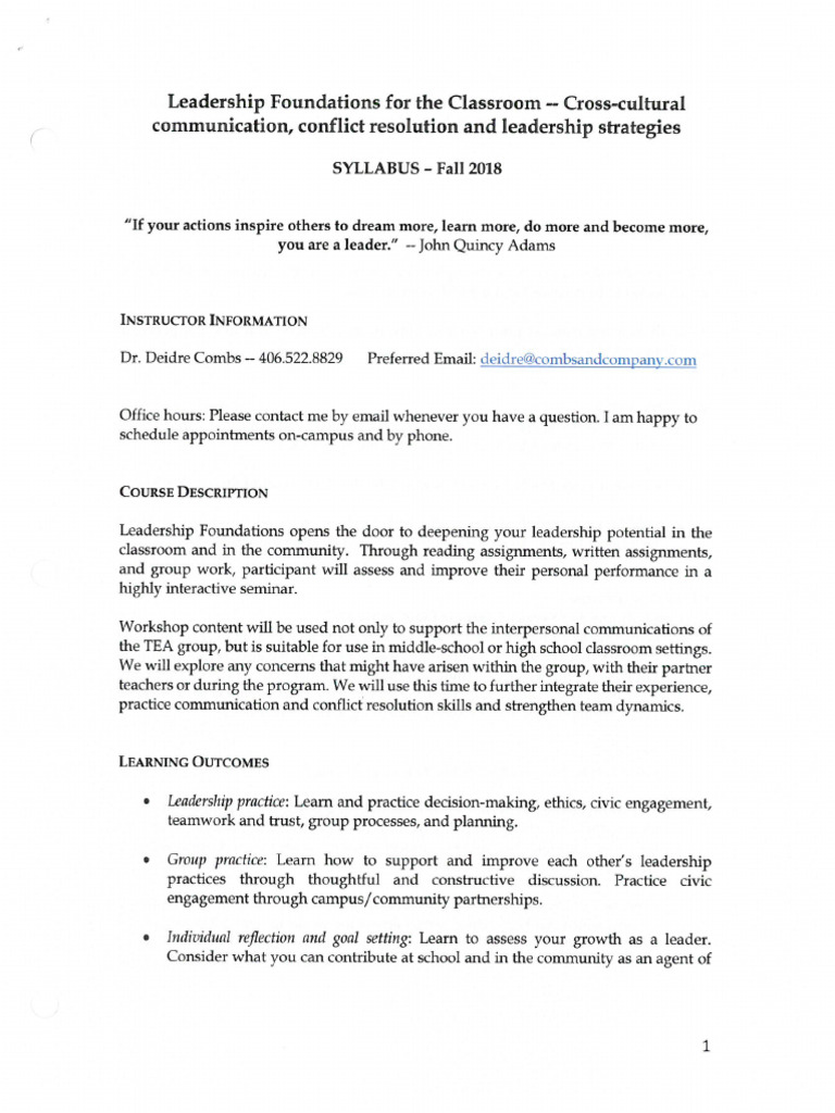 Syllabus - Leadership in The Classroom With DD Combs | PDF