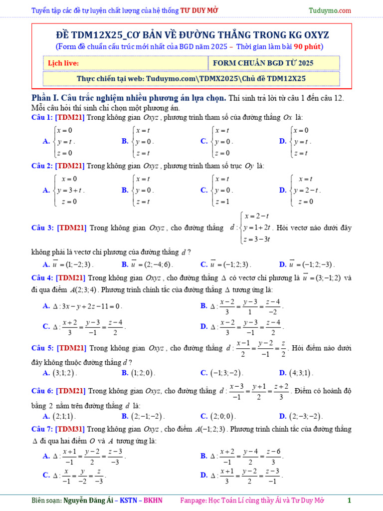 ĐỀ TDM12X25 - ĐTL - CƠ BẢN VỀ ĐƯỜNG THẢNG TRONG KG OXYZ - 2K7 | PDF