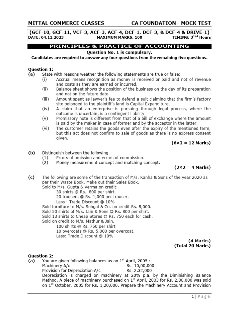 CA Foundation Accounting Mock Test 04 - 11 - 2023 | PDF | Banks | Expense