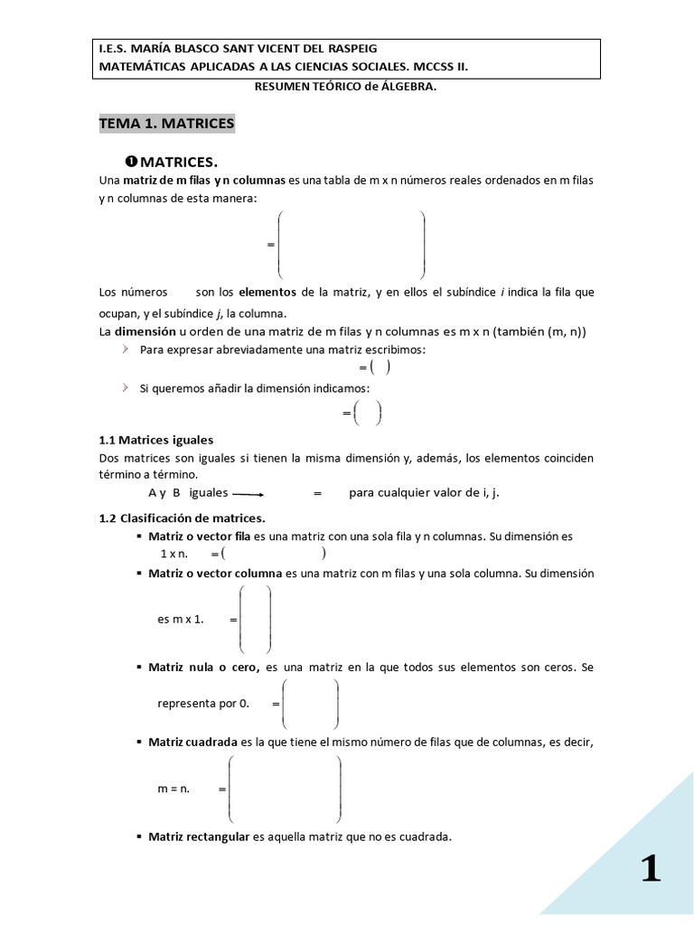 Tema 1. Matrices | PDF | Matriz (Matemáticas) | Funciones y mapeos