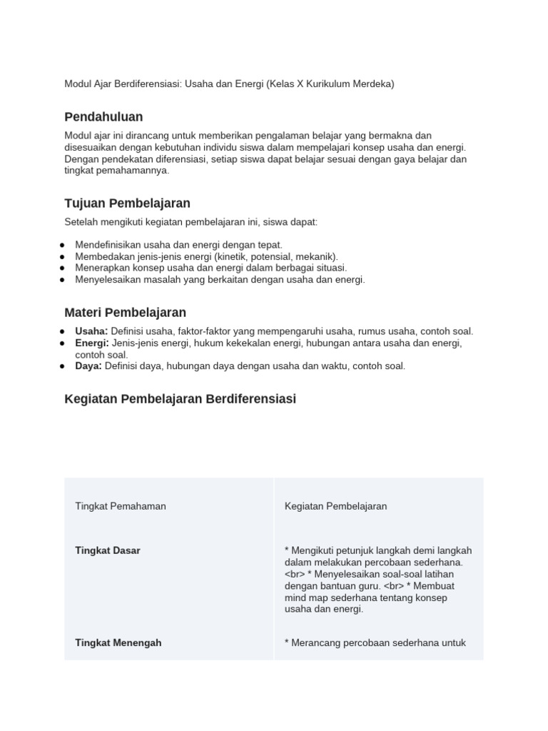 Modul Ajar Berdiferensiasi Usaha Dan Energi Kelas... | PDF
