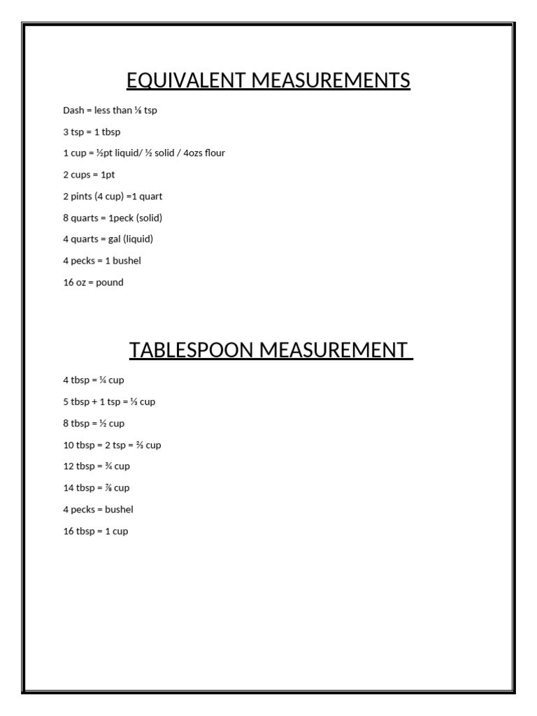 Equivalent Measurements | PDF | Gallon | Tablespoon