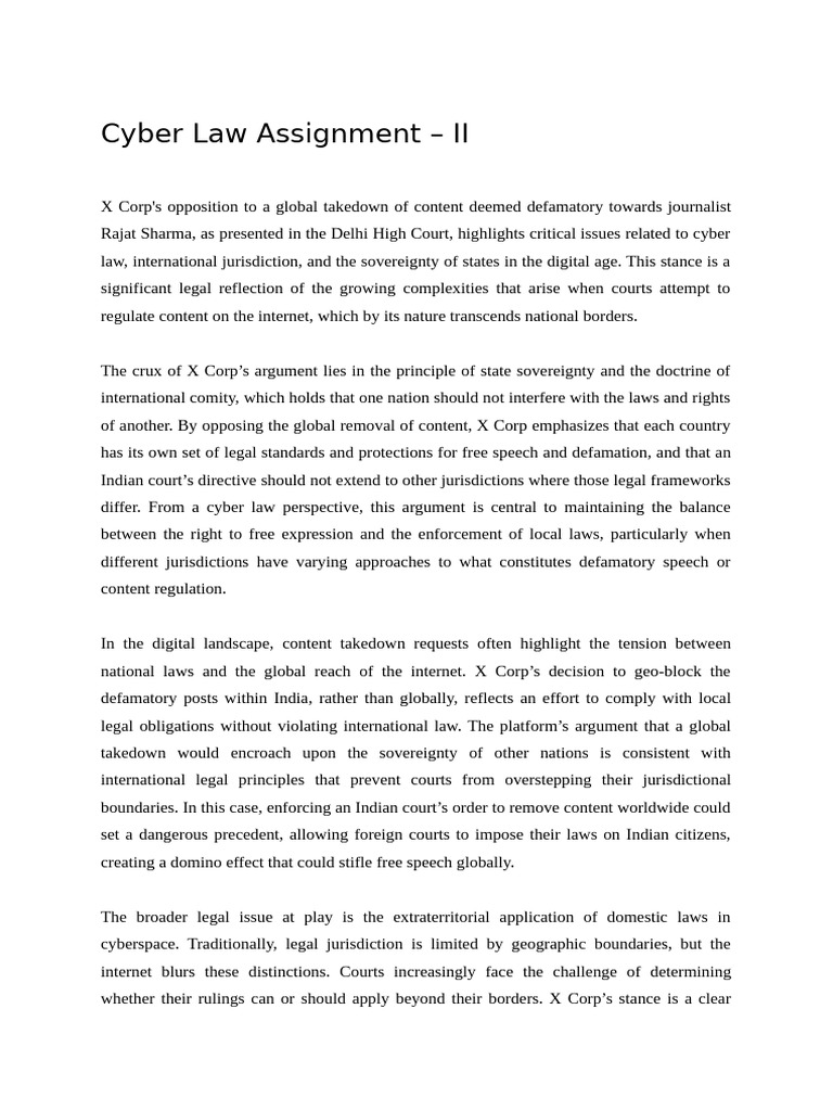 Cyber Law Assignment II | PDF | Defamation | Jurisdiction