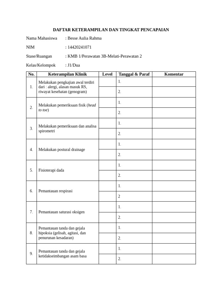 Daftar Keterampilan Dan Tingkat Pencapaian | PDF