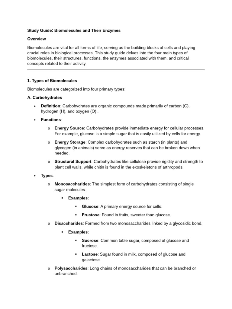 Study Guide Biomolecules and Their Enzymes | PDF | Carbohydrates | Enzyme