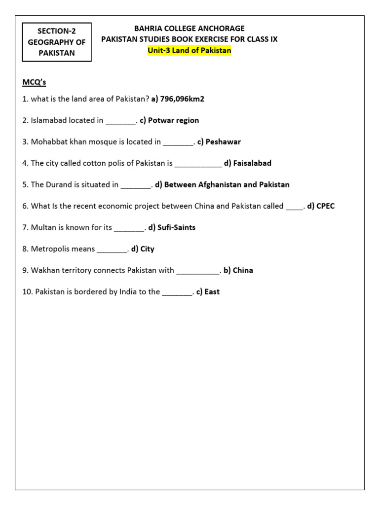 IX-Ch. 3 Exercise | PDF | Pakistan | Karachi