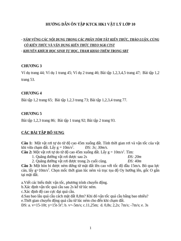 Đề cương hướng dẫn ôn tập Vật lý 10 KTCK1 | PDF