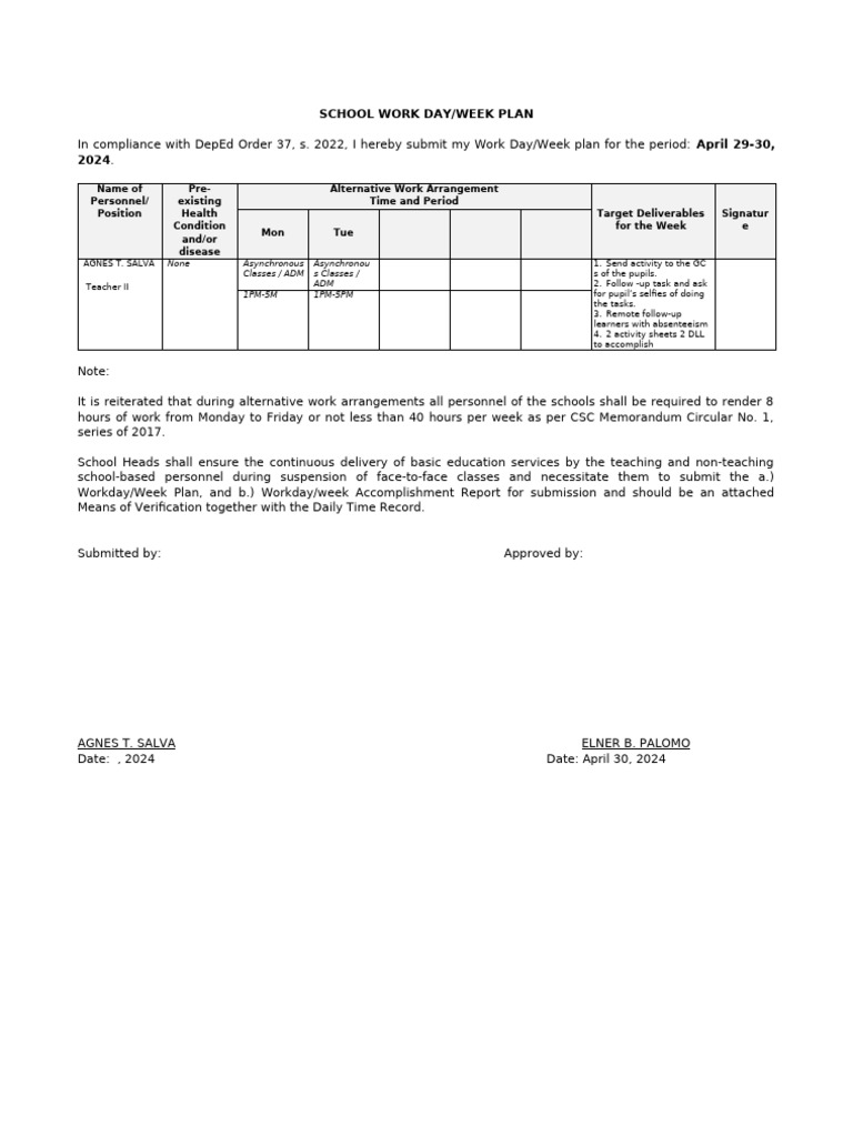 Work Week Plan and Accomplishment Report Templates | PDF