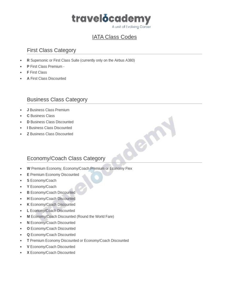 Iata Class Code - RBD's | PDF