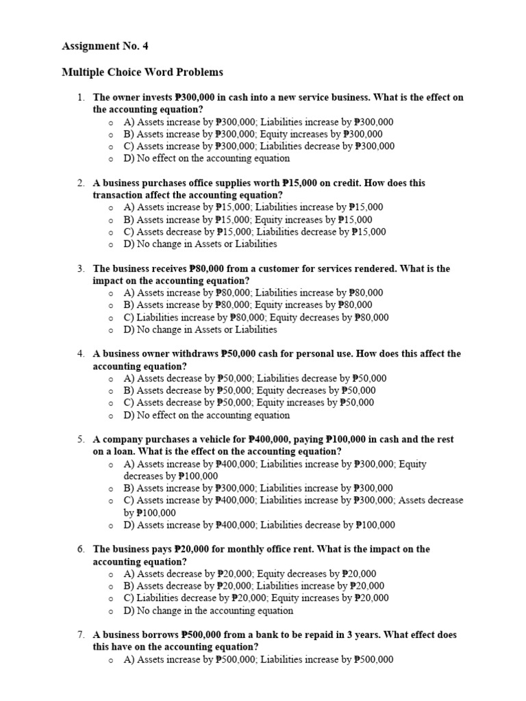 ASSIGNMENT NO. 4 - Without Answer | PDF | Equity (Finance) | Debits And Credits