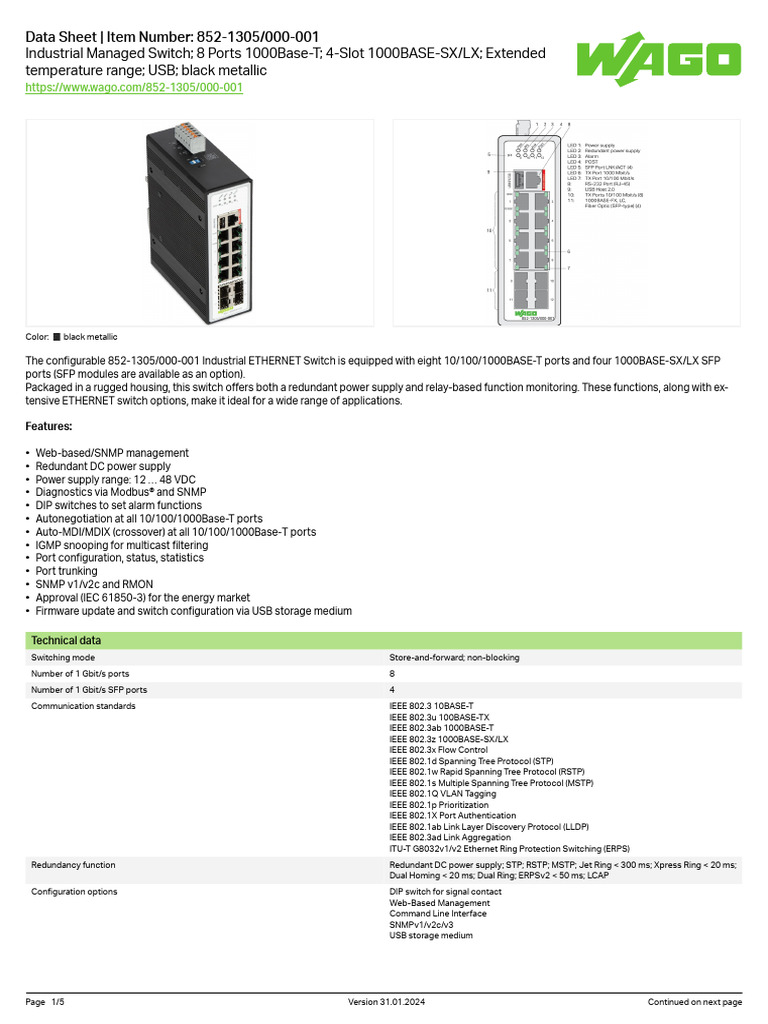 WAGO 852-1305 000-001en IN | PDF | Network Switch | Network Protocols