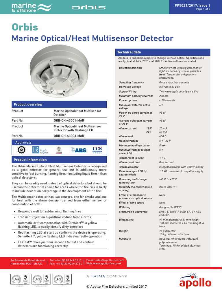 ORB-OH-43003-MAR Orbis Marine Multisensor Detector Datasheet | PDF | Smoke | Electric Current