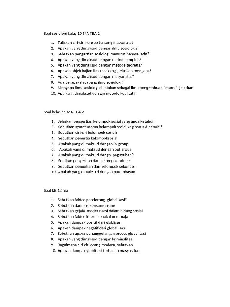Soal Sosiologi Kelas 10 MA TBA 2 | PDF | Sains & Matematika