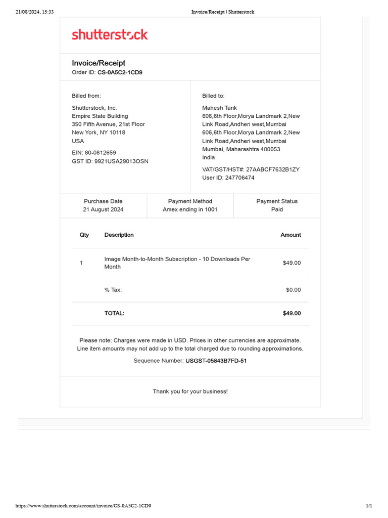 Invoice - Receipt - Shutterstock | PDF | Value Added Tax | Receipt