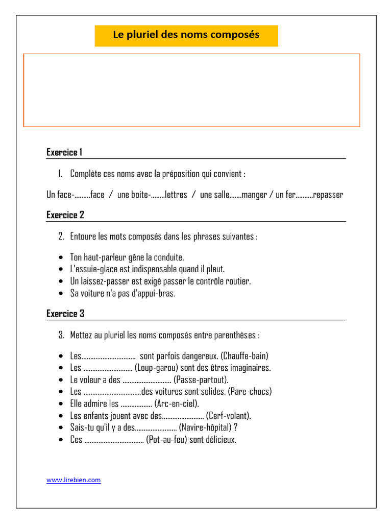 Pluriel des Noms Composés : Exercices | PDF