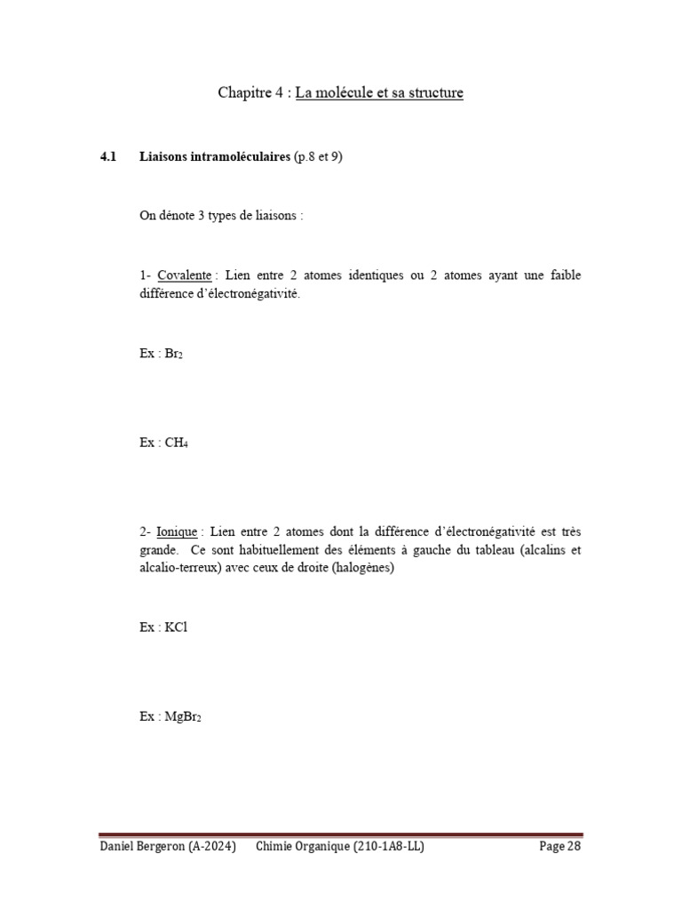 Notes 210 1A8 2024 Chapitre - 4 | PDF | Liaison chimique | Polarité ...