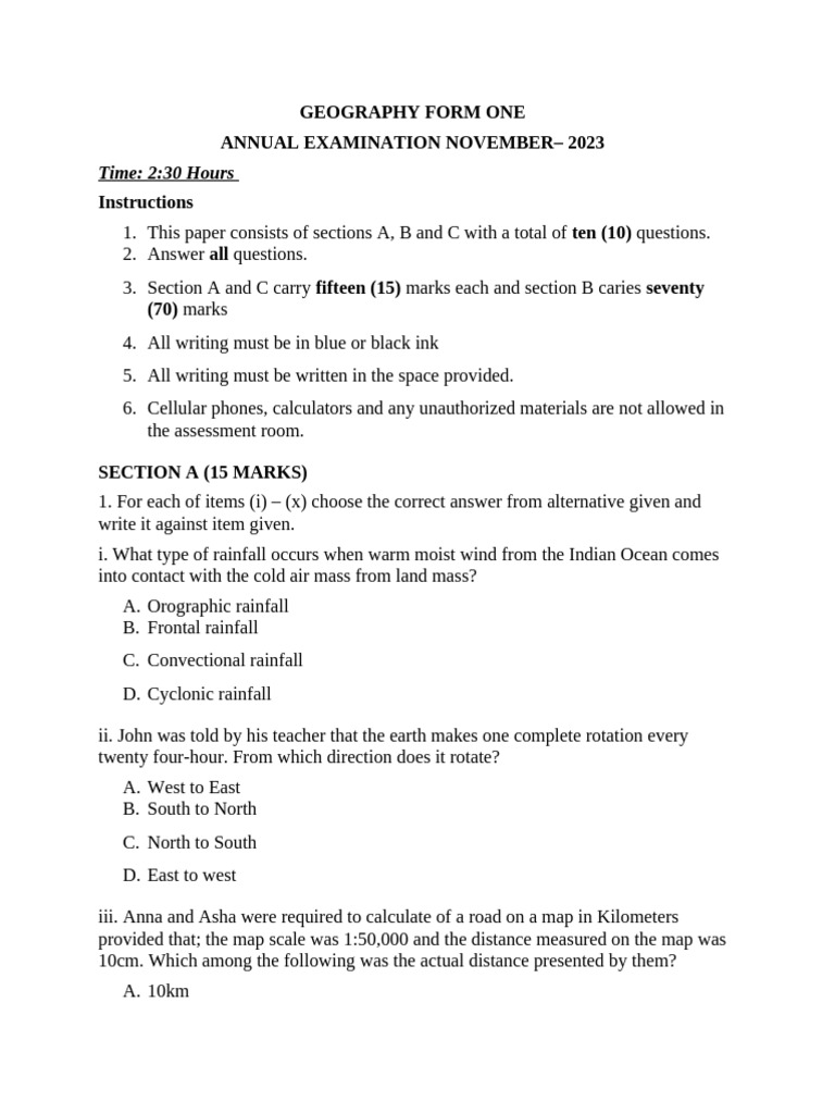 Geography Form One Annual 2023 | PDF | Forests | Rain