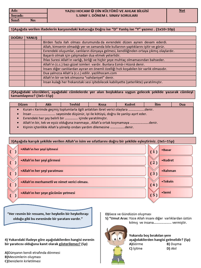 5.sinif Dkab 1.dã Nem 1.yazili Sorulari-3 | PDF