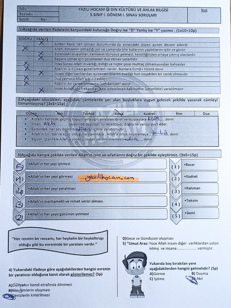 Cevaplar - 5.sinif Dkab 1.dã Nem 1.yazili Sorulari-3 | PDF