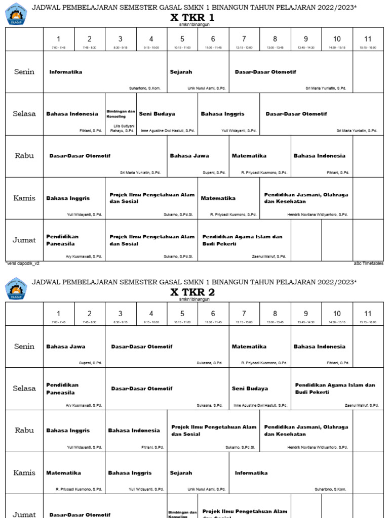 JADWAL PEMBELAJARAN SMK Gasal 2022-2023 (X, XI, XII) - Dapodik - v2 | PDF