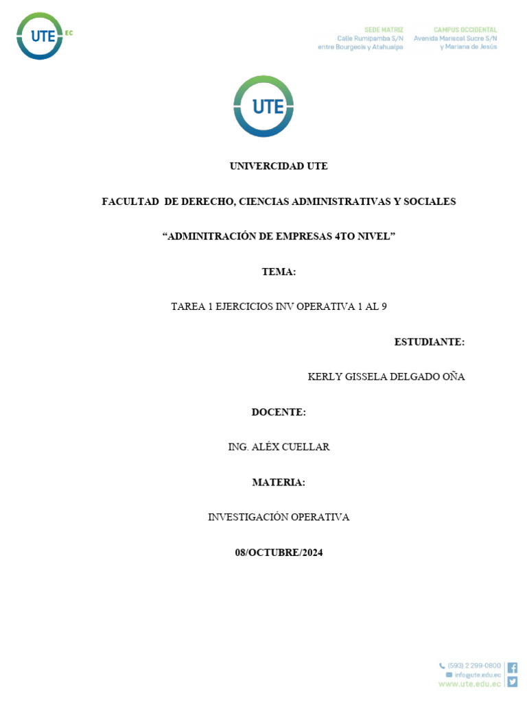 Tarea 1 Ejercicios Inv Operativa 1 Al 9 Kerly Delgado | PDF | Ciencia y matemáticas