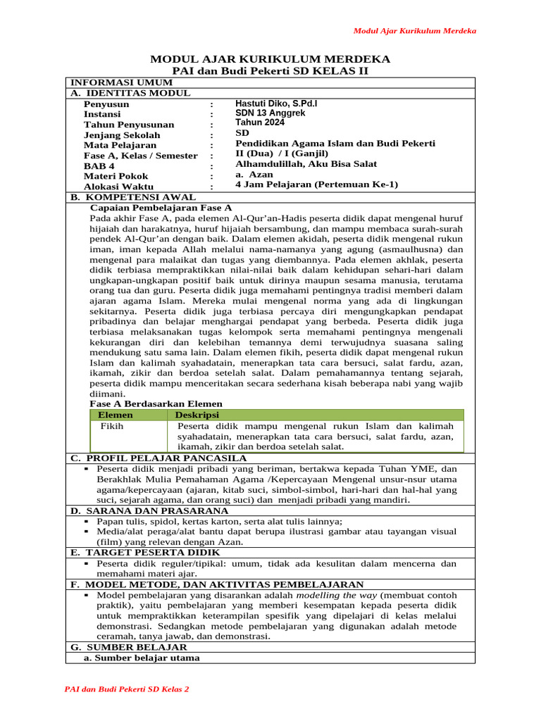 Modul Ajar PAI Kelas 2 - BAB 4 | PDF