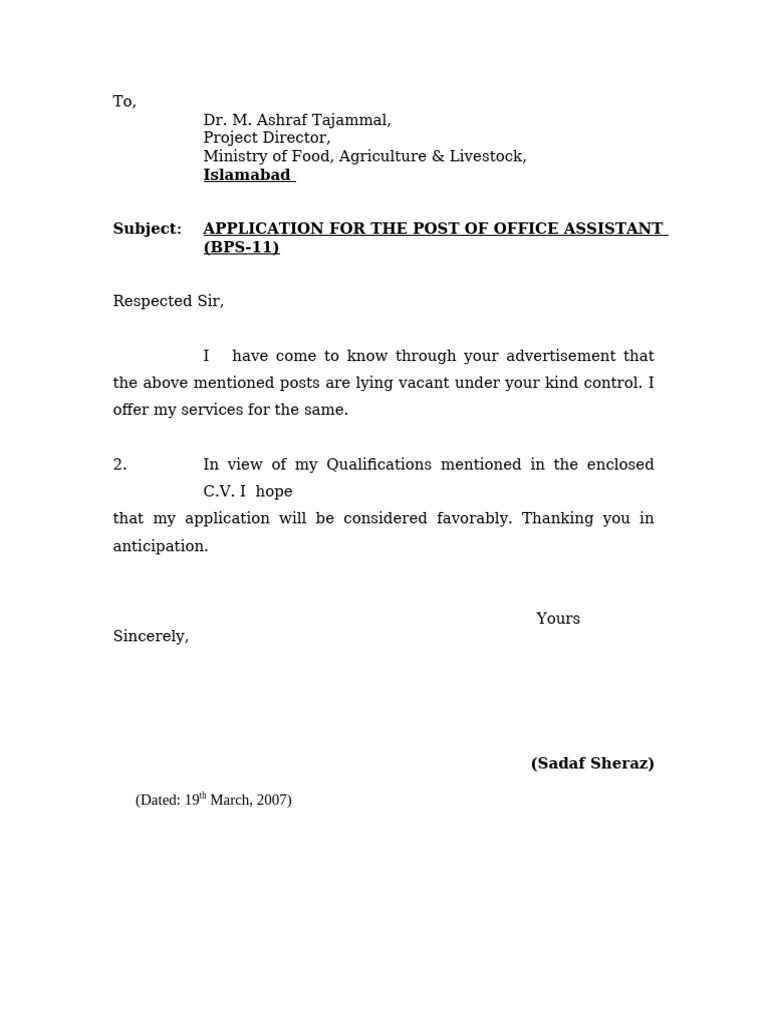 Application For The Post | PDF