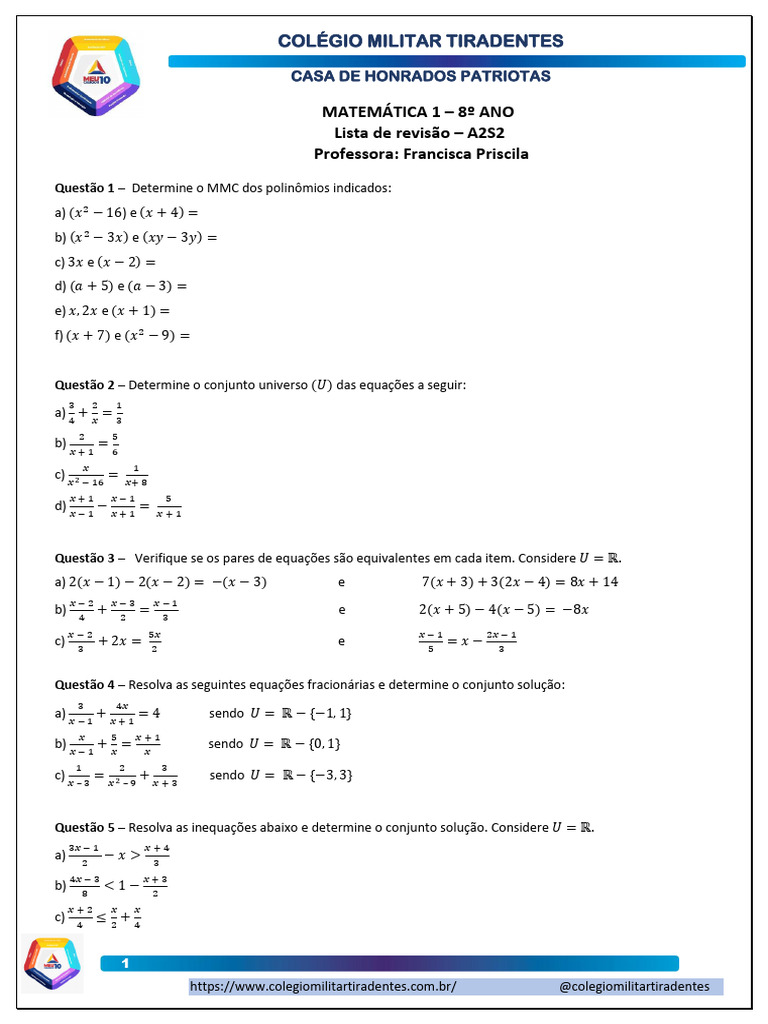 Lista de Exercícios - 8º Ano - MAT 1 | PDF | Matemática | Conceitos matemáticos