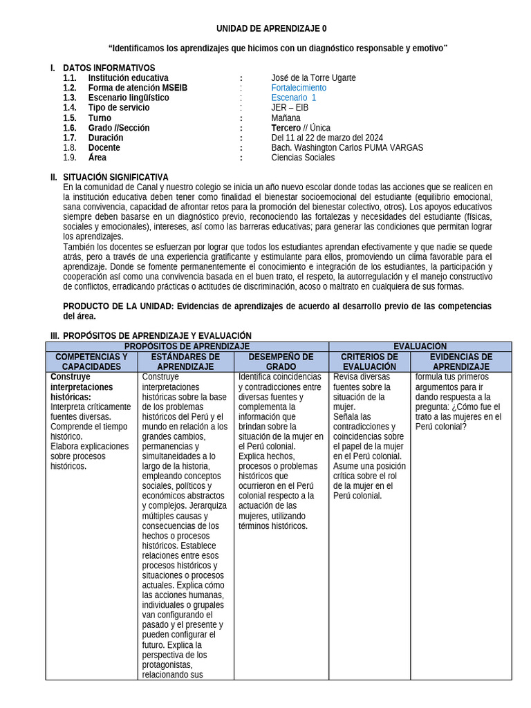 0 Unidad de Evaluacion Diagnostica CCSS - 3° 2024 | PDF | Aprendizaje | Evaluación