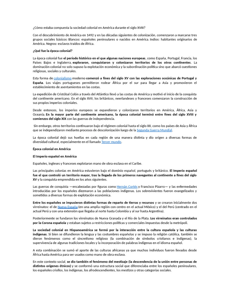 Cómo Estaba Compuesta La Sociedad Colonial en América Durante El Siglo ...