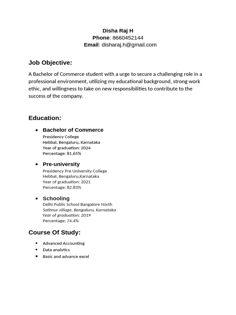 Bachelor of Commerce Resume 2024 | PDF