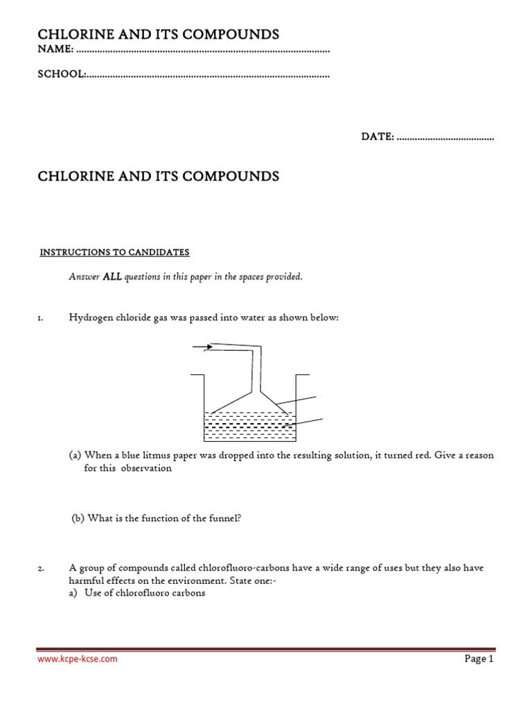 Chlorine and Its Compounds: Notes & Questions | PDF | Chlorine | Water