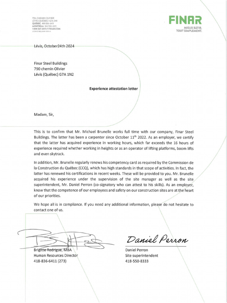 2024-10-24 Lettre Attestation D'expérience - ENG - Michael Brunelle | PDF
