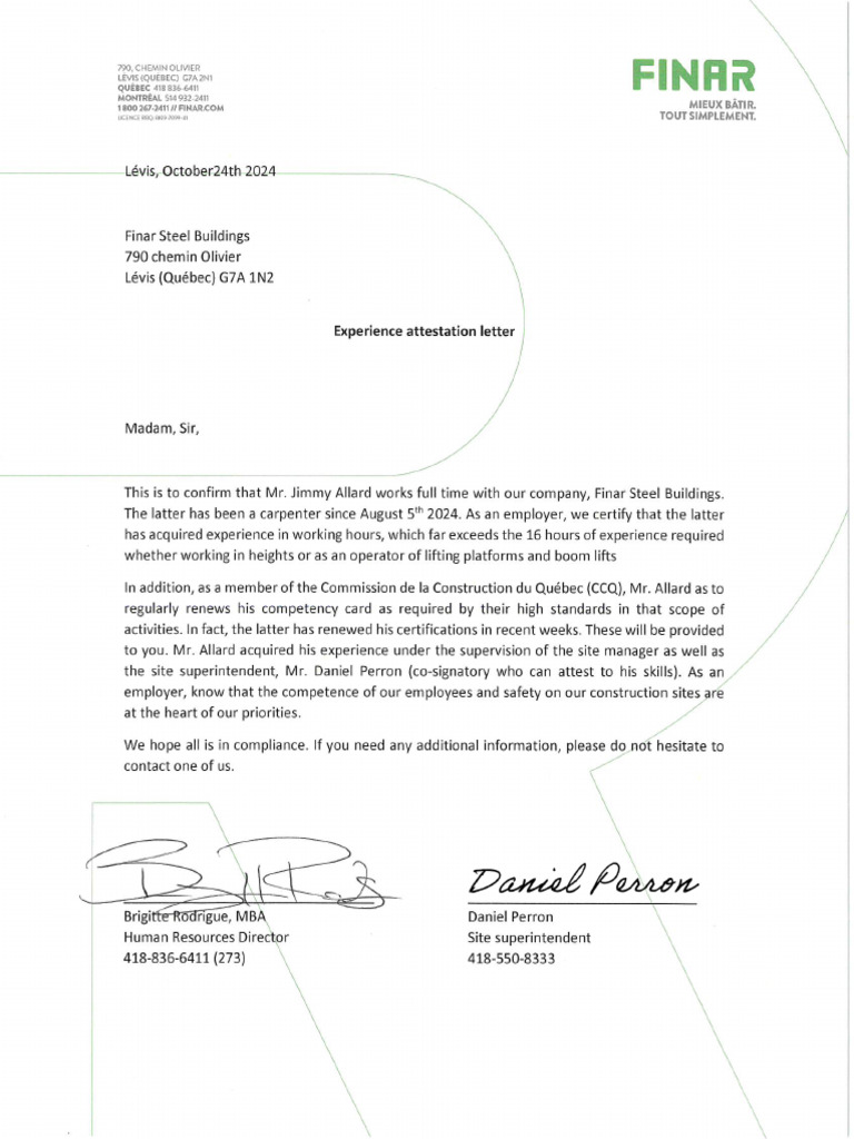 2024-10-24 Lettre Attestation D'expérience - ENG - Jimmy Allard | PDF