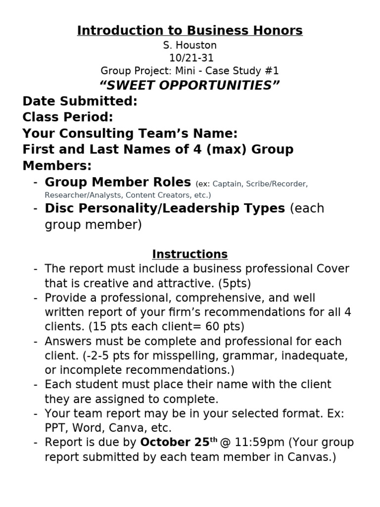 Sweet Opportunities - Group Project Instructions 2024 | PDF