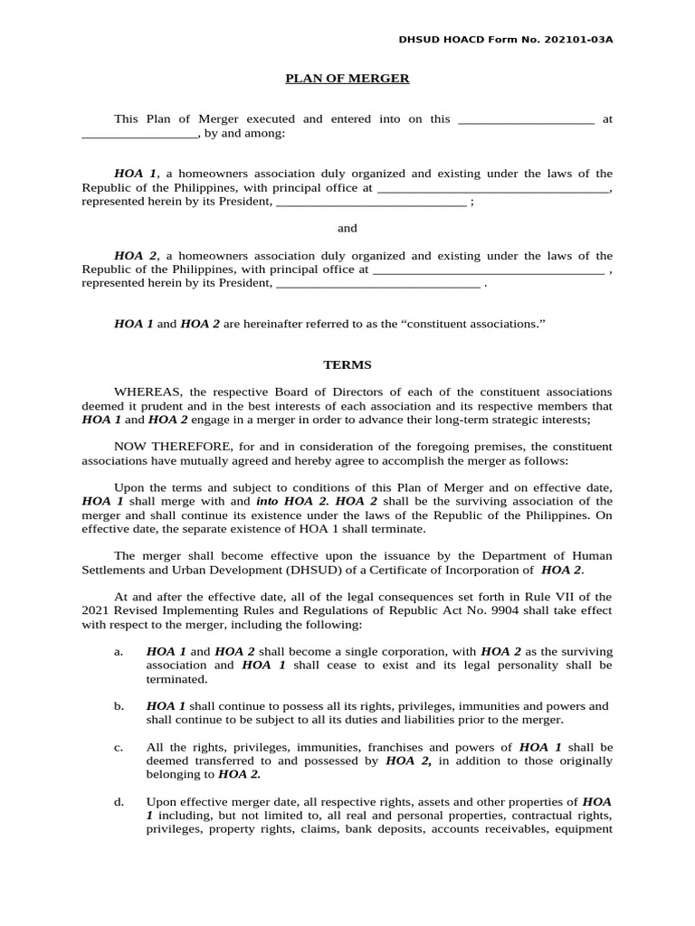 HOA Merger Plan Agreement Philippines | PDF | Mergers And Acquisitions ...